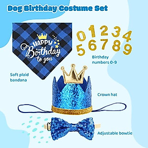 Dog Birthday Costume Set, Boy Dog Birthday Crown Hat Plaid Bandana with Bowtie and Numbers 0-9, Dog Triangle Birthday Scarf Outfit Set for Small, Medium, Large Dogs, Blue