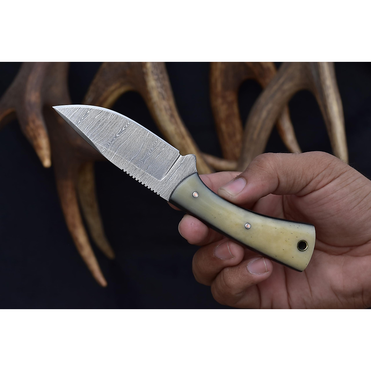 Knives Ranch Fixed Blade Hunting Knife - Full Tang EDC Knife - Damascus Skinning Knife - Bone Handle and Heavy Duty Horizontal Carry Sheath Snug Fit (4402-B)