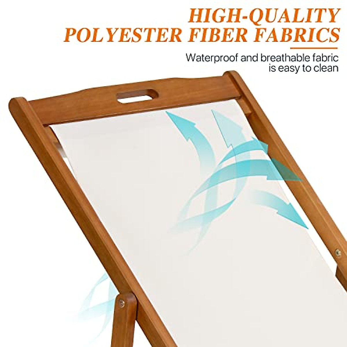 Dkelincs Beach Sling Chair Set of 2, Outdoor Folding Wood Sling Chair with White Polyester Canvas and Sturdy Wooden Frame, 3 Level Adjustable Height Patio Lounge Chair