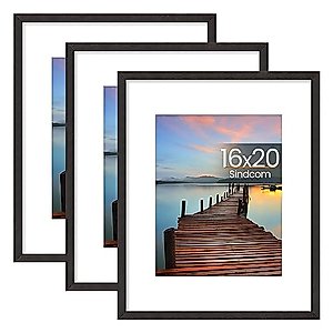 Sindcom 16x20 Poster Frame 3 Pack, Picture Frames with Detachable Mat for 11x14 Prints, Horizontal and Vertical Hanging Hooks for Wall Mounting, Charcoal Gray Photo Frame for Gallery Home Décor