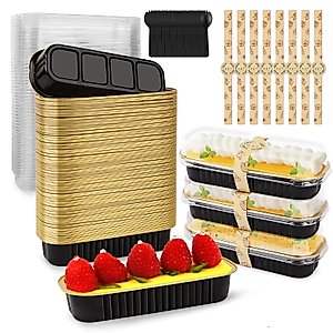 Mini Cake Pans with Lids,6.8 Oz Mini Loaf Pans with Lids Aluminum Foil Mini Loaf Baking Pans 100pcs Disposable Bread Pan Aluminum Foil Long Baking Cupcake Liners for Cake Bakery Wedding Birthday Party
