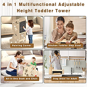 5-in-1 Toddler Tower, Children's Helper Stool, Montessori Toddler Standing Tower, Foldable Toddler Learning Tower, Natural Wooden, White, and Black Activity Chalkboard