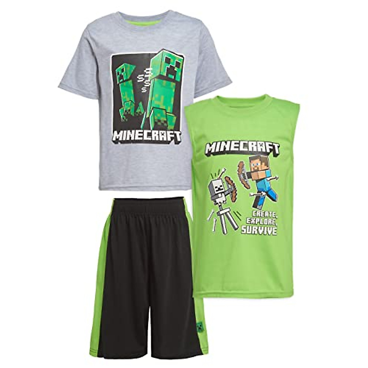 Minecraft Boys Creepers 3 Piece T-Shirt Tank Top Short Set (Gray Heather, 4)