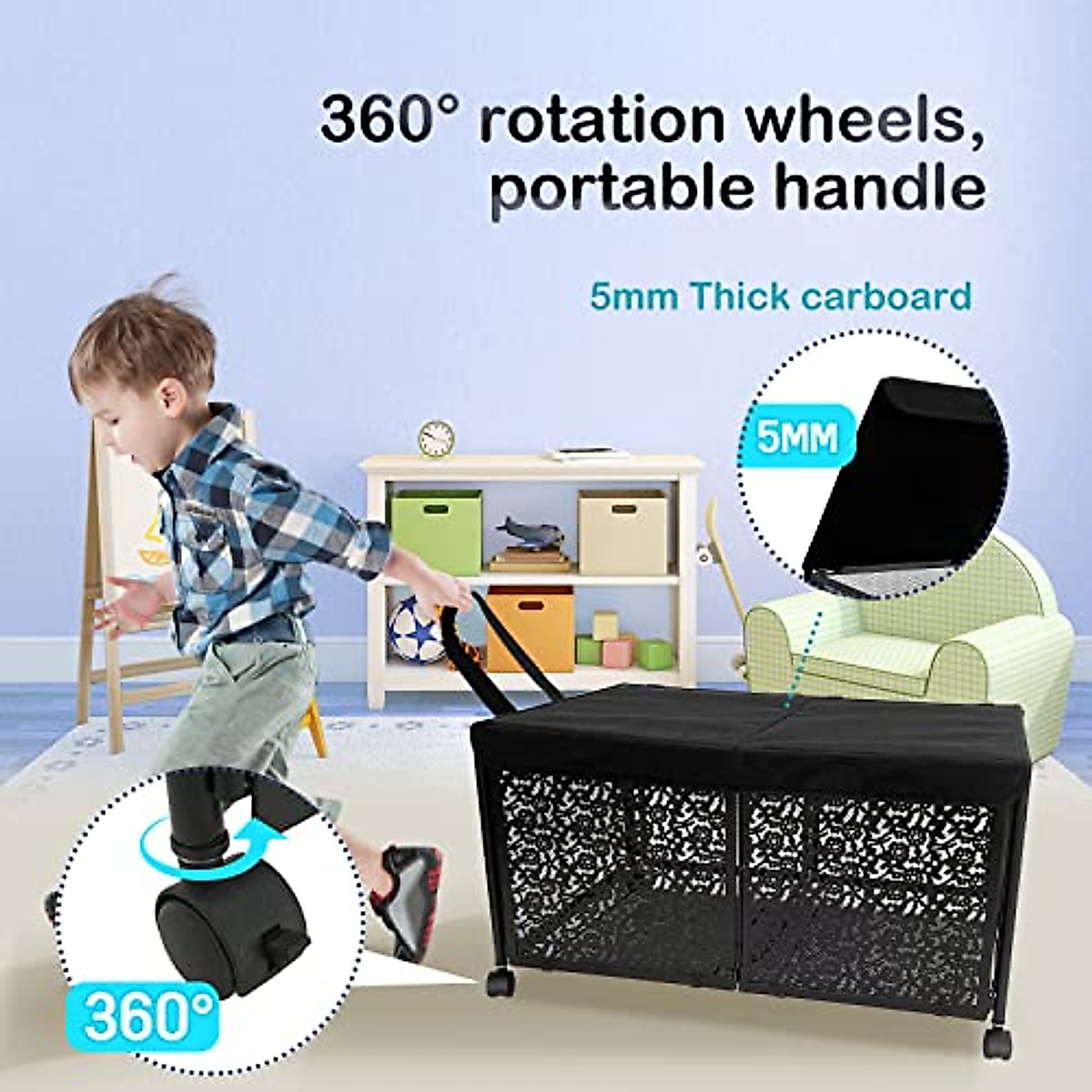 Yoleduo Toy Box Chest Storage Organizer with Lid Collapsible Metal Sturdy Toy Storage Bins with Wheels Storage Boxes Bins Baskets for Kids, Boys, Girls (1 piece, Black)