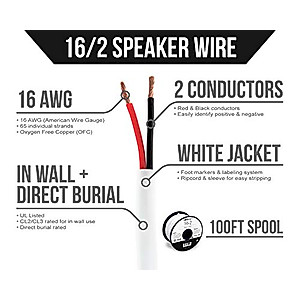 Voltive 16/2 Speaker Wire - 16 AWG/Gauge 2 Conductor - UL Listed in Wall (CL2/CL3) and Outdoor/In Ground (Direct Burial) Rated - Oxygen-Free Copper (OFC) - 100 Foot Spool - White