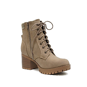 Soda Women's Casual Fashion Ankle-High Combat Bootie With Zipper and Chunky Block Heel in Light Taupe Size 8
