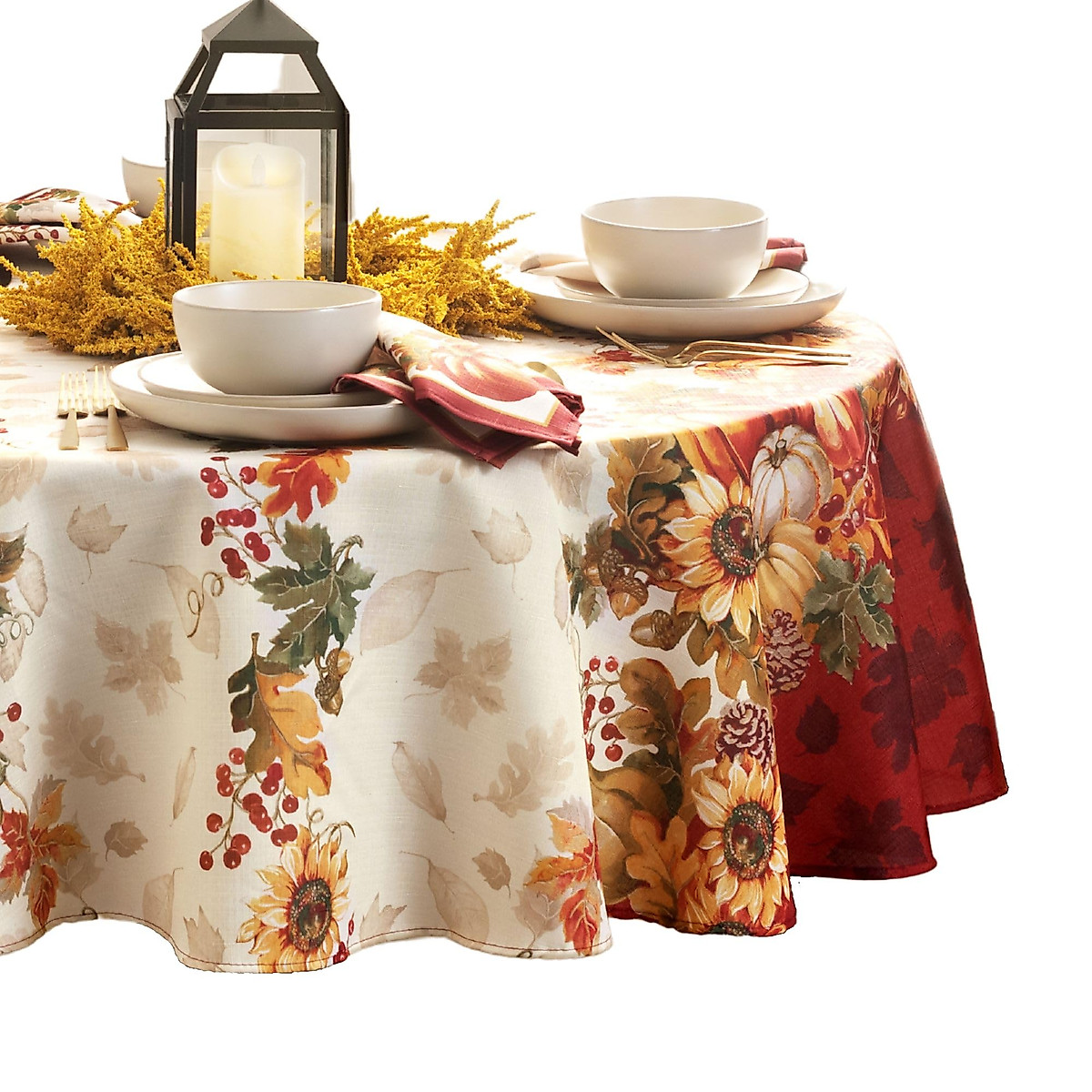 Elrene Home Fashions Swaying Leaves Bordered Fall, Seasonal and Holiday Tablecloth, 70" Round, Multi