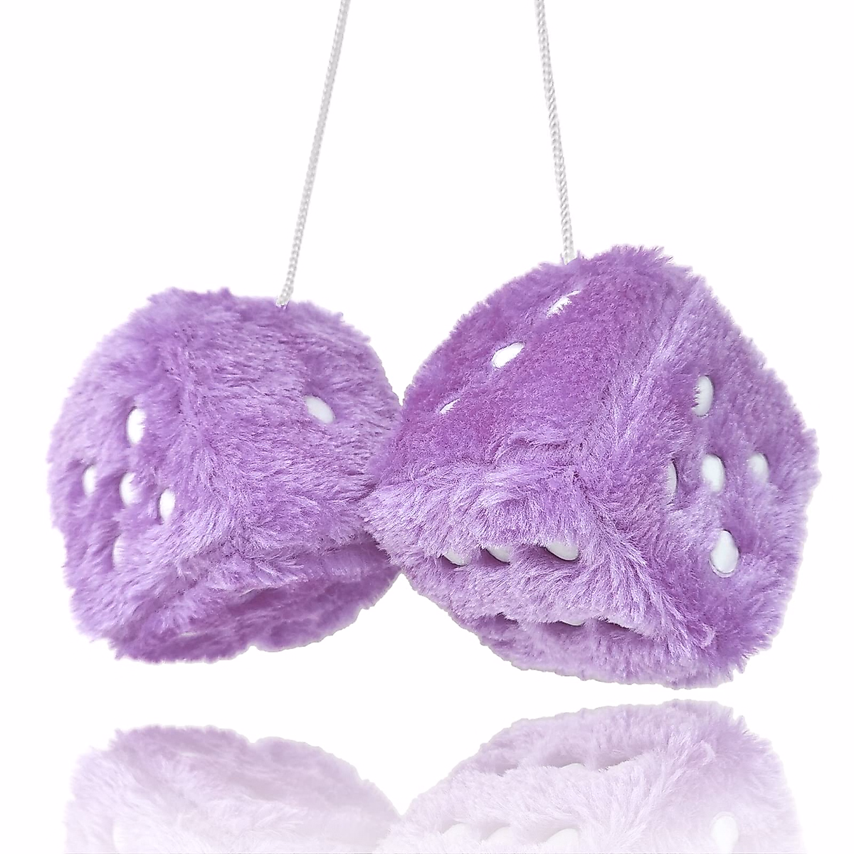Pair 3” Purple with White Dots Mirror Fuzzy Plush Dice, Purple and White Soft Plush Car Decorative Hanging Ornament.