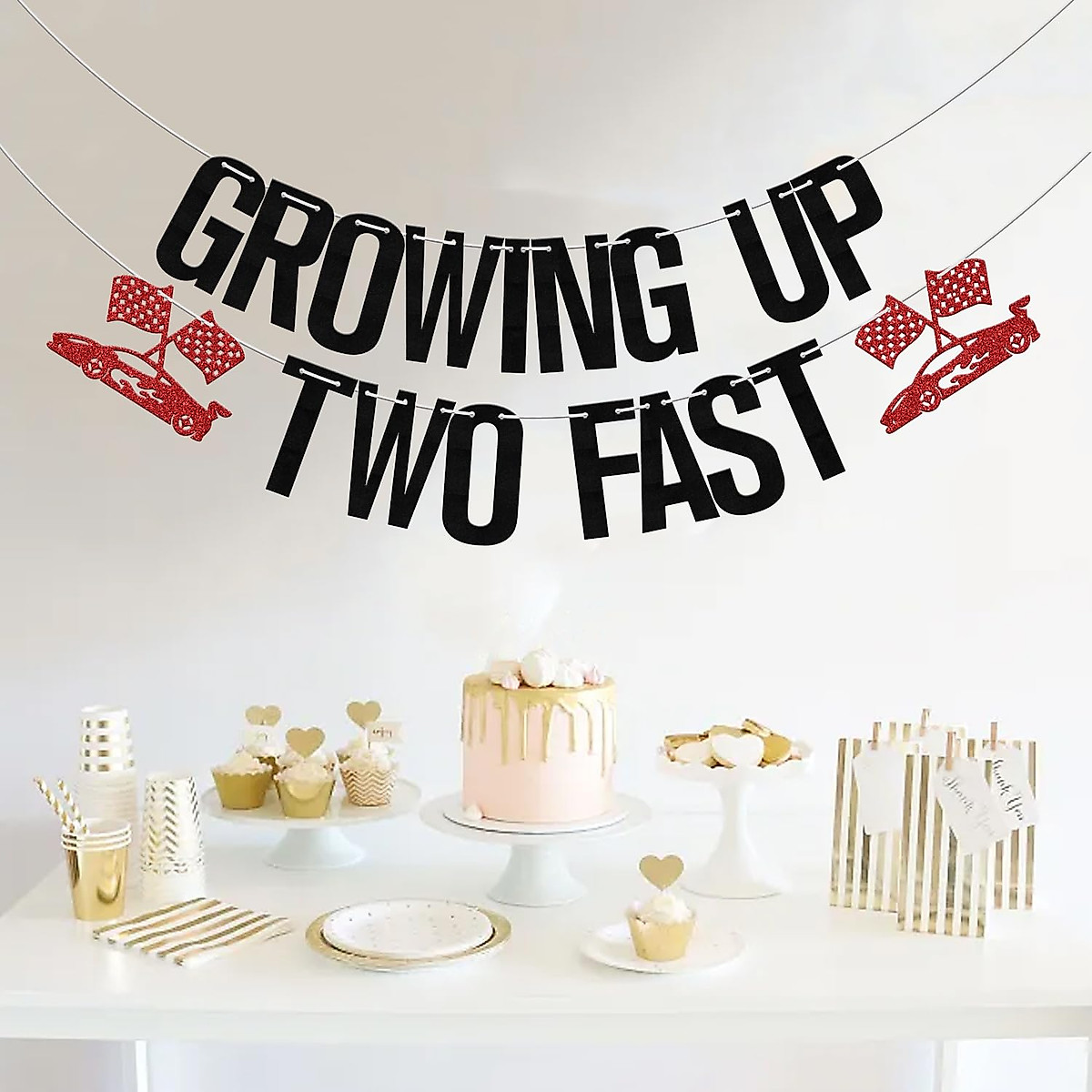 Growing Up Two Fast Banner, Happy 2nd Birthday Decorations, Race Car Theme Party Decors, Racing Party Second Birthday Party Supplies Black Red Glitter