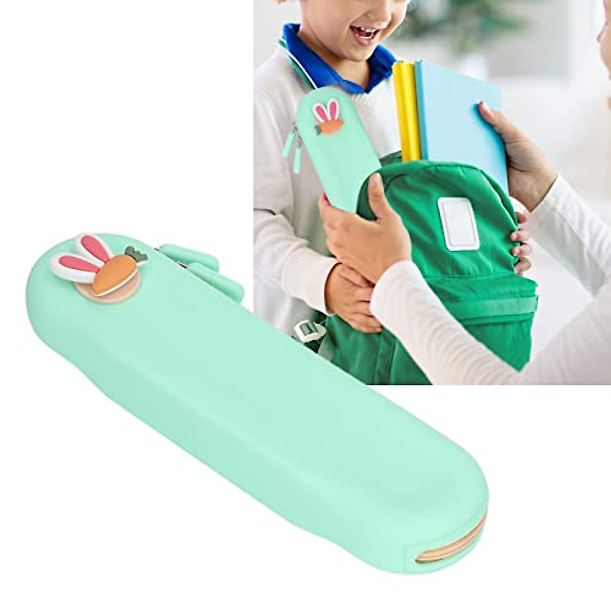 Silicone Pencil case Small Capacity Pure Color Narrow Stitching line Student Pencil case Organ Design for School Radish Rabbit and Radish House, Green