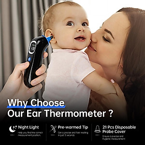 Ear Thermometer for Babies, Kids, and Adults, High Accuracy Baby Thermometer with 32 Memory Recall, LED Backlit, Mute and Night Light, 21 Disposable Probe Covers, Storage Case