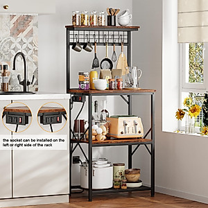 Furologee Kitchen Bakers Rack with Power Outlet, Microwave Oven Stand with Storage 4 Tiers, Coffee Bar Table with 6 S Hooks, Kitchen Storage Shelf Rack for Spices, Pots, Rustic Brown
