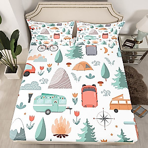 Kids Camper Theme Bed Sheets Set Twin 3Pcs, Happy Camping Bedding Set, Travel Car Rv Accessories Sheets, Botanical Flowers Mountain Adventure Top Sheet, Cute Camper Flat Fitted Sheet Bedroom Decor