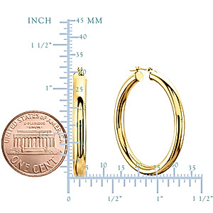 10k Yellow Gold 3mm Shiny Round Tube Hoop Earrings, Diameter 30mm