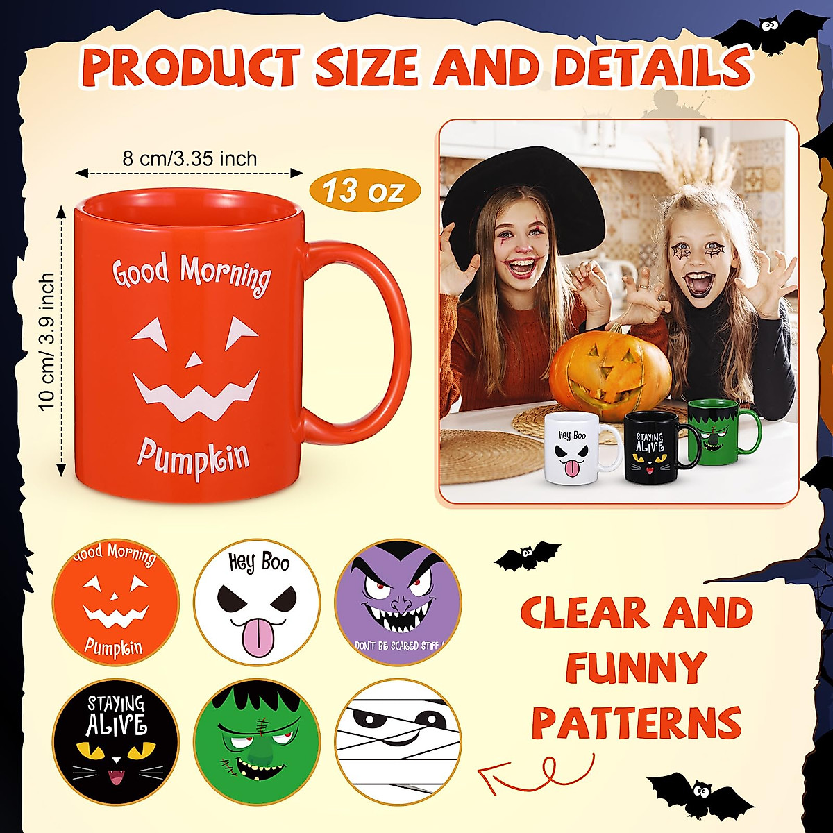 Lallisa 6 Pieces Halloween Mug Set 13 oz Pumpkins Cats Ghosts Ceramic Coffee Matching Mugs for Halloween Home Office Table Kitchen Decoration