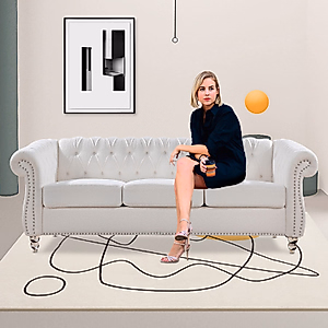 Vaztrlus White Velvet Couches for Living Room 3-Seater Chesterfield Sofa Tufted Sofa Furniture Couch Nailhead Upholstered Couches Minimalis Light Luxury Easy to Assemble