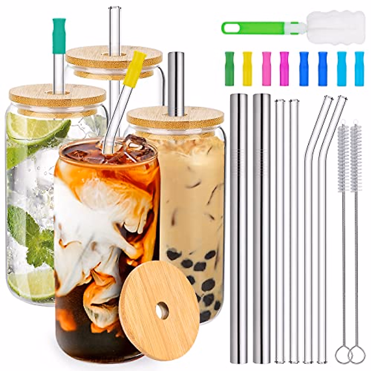 FEIMADA Drinking Glasses 4Pcs, 16oz Can Shaped Glass Cups with Bamboo Lids and Straw, Reusable Boba Cup, Beer Glasses, Iced Coffee Glasses, Cocktail Glasses, Wide Mouth Mason Jars for Smoothies