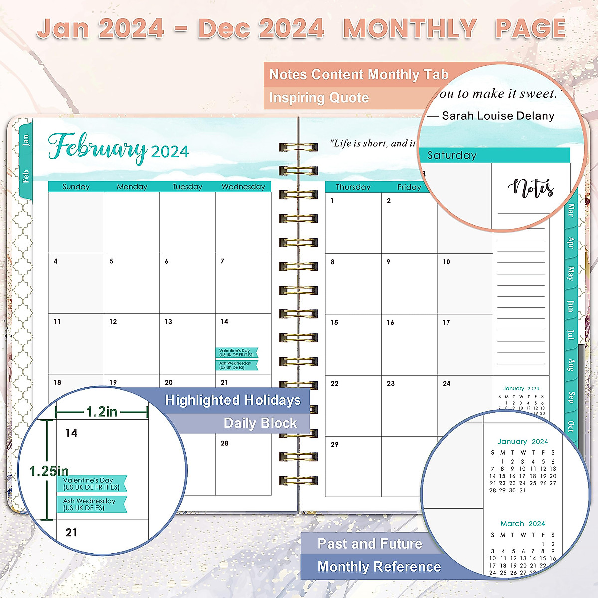 2024 Planner - Planner 2024, Jan. 2024 - Dec. 2024, 6.3" x 8.4", 2024 Planner Weekly and Monthly with Marked Tabs + Thick Paper + Contacts + Calendars + Holidays + Twin-Wire Binding - Purple Gilt