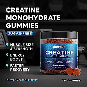 duwhot Sugar Free Creatine Monohydrate Gummies 5g for Men & Women, Chewables Creatine Monohydrate for Muscle Growth & Recovery, Vegan, Mixberry Flavor, 120 Count