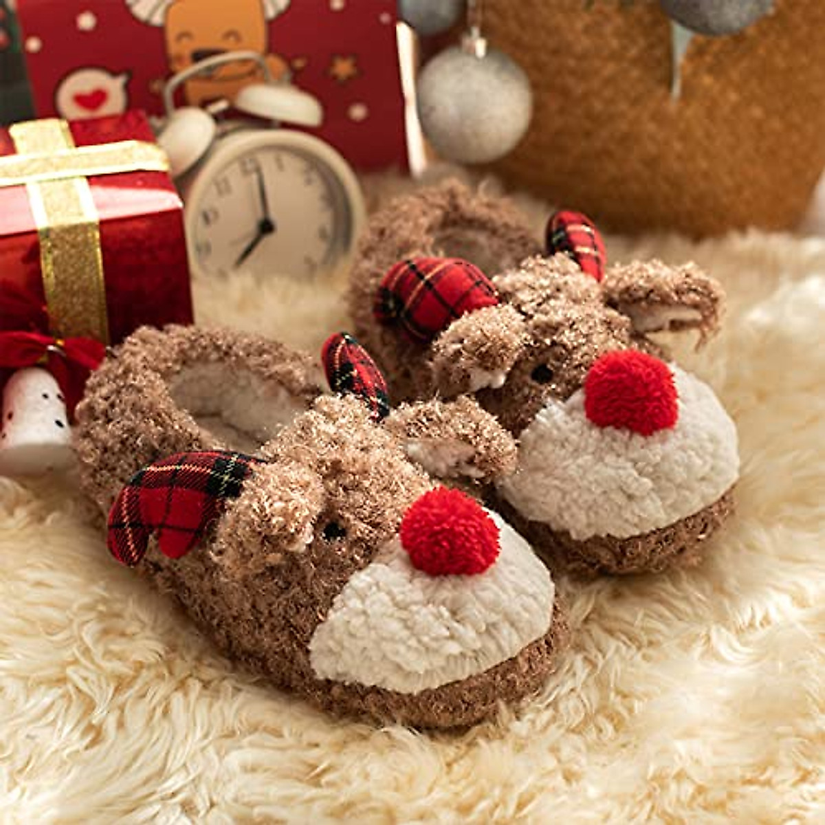 Nixlepus Women's Reindeer Slippers Bedroom House Animal Slipper Cozy Furry Christmas Red Nose Reindeer Rudolph Winter (Size EU 39/US 9/UK 7)