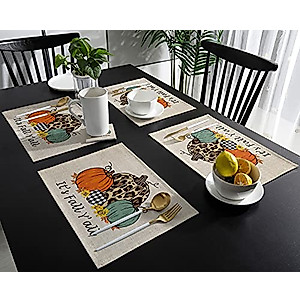 Thanksgiving Day Placemats Set of 6 Harvest Pumpkin Orange Cotton Linen Place Mats Leopard Sunflower It's Fall Y'all Heat Resistant Kitchen Tablemats for Thanksgiving Day Decoration Dinner Party