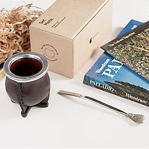 thebmate [Camionero Mate Premium Set Yerba Mate Cup - Crafted Ceramic Teacup - Leather Wrapped Handmade in Uruguay - Set Mate Camionero, German Silver Bombilla Straw, Cleaning Brush (Dark Brown)