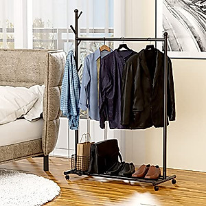 EKNITEY Clothes Garment Rack Portable - Rolling Clothing Organizer Rack on Wheels with Bottom Shelves (Black)