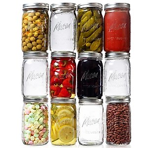 Wide Mouth Mason Jars 32 oz. (4 Pack) - Quart Size Jars with Airtight Lids and Bands - Made in USA - for Canning, Fermenting, Pickling, or DIY Decors and Projects - Bundled with Jar Opener