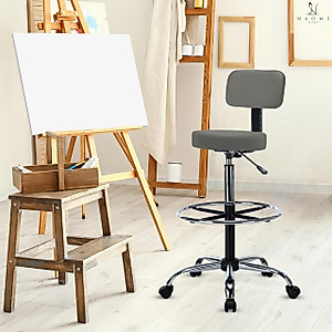 Venus Drafting Stool Chair, Rolling Stools with Wheels, Stools with Backs, Tall Adjustable Office Chair Workbench Stool with Back Support Adjustable Chair Work Stool with Chrome Footrest - Gray
