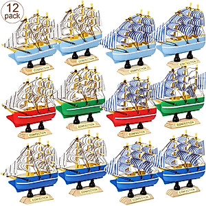 Blulu 12 Pieces Sailing Ship Model Decor 12 Style Plastic Miniature Sailing Boat Model Handmade Vintage Nautical Sail Ship for Tabletop Ornament, Ocean Theme and Home Decor