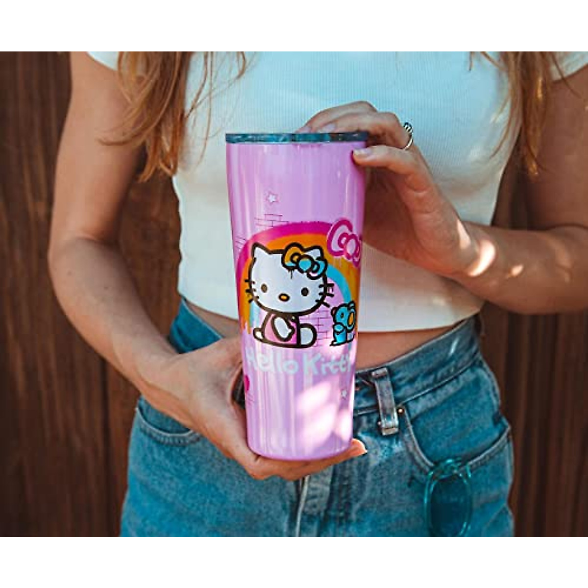 Silver Buffalo Sanrio Hello Kitty Graffiti Rainbow Double-Walled Stainless Steel Travel Tumbler | Holds 22 Ounces
