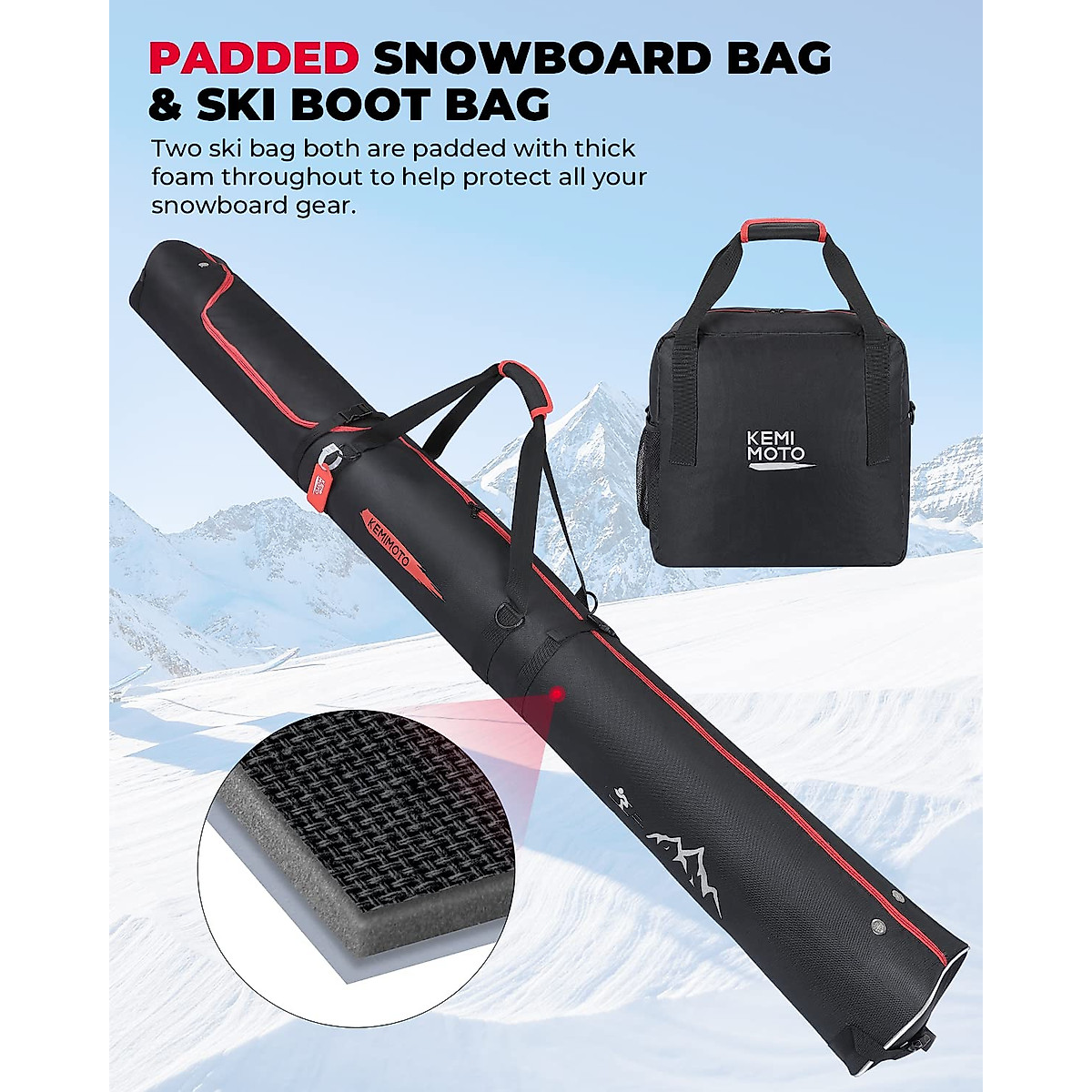 KEMIMOTO Ski Bag and Boot Bag Combo, Snowboard Bag Padded Ski Bags for Air Travel, Snow Ski Bags Fit Skis Up to 200cm, Ski Double Bag Combo