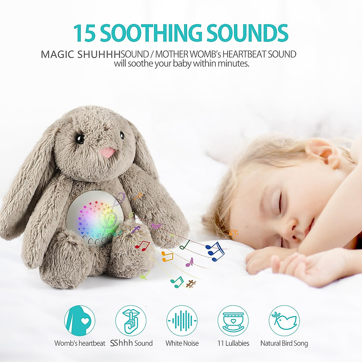 BEREST Baby Sleep Soother Bedtime Bunny with Starry Projector Night Light, Plush Stuffed Animal for Newborn Infants, Lullaby Music, White Noise, Mother's Heartbeat for Boys & Girls Shower Gifts