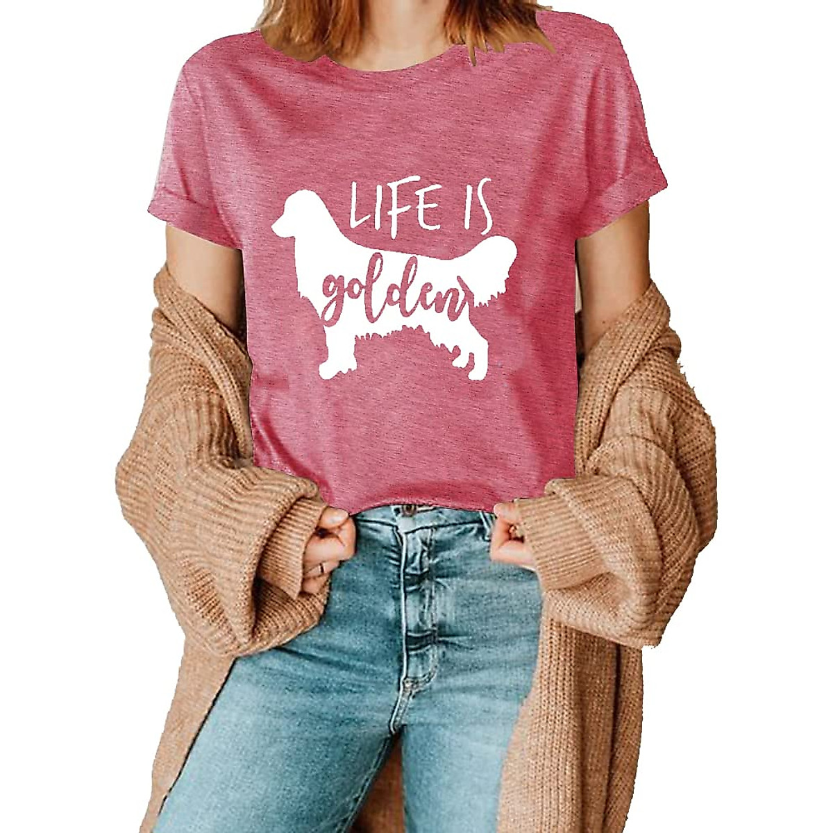 Life is Golden Shirt for Women Cute Dog Mom Graphic Short Sleeve Casual Mama Gifts T-Shirt (Pink, XL)