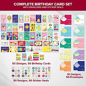 Decorably 50 Pack Foiled & Glittery Assorted Birthday Cards with Envelopes & Stickers - 50 Unique Designs Bulk Birthday Cards Bulk with Message Inside, 6x4in Bulk Birthday Cards with Envelopes