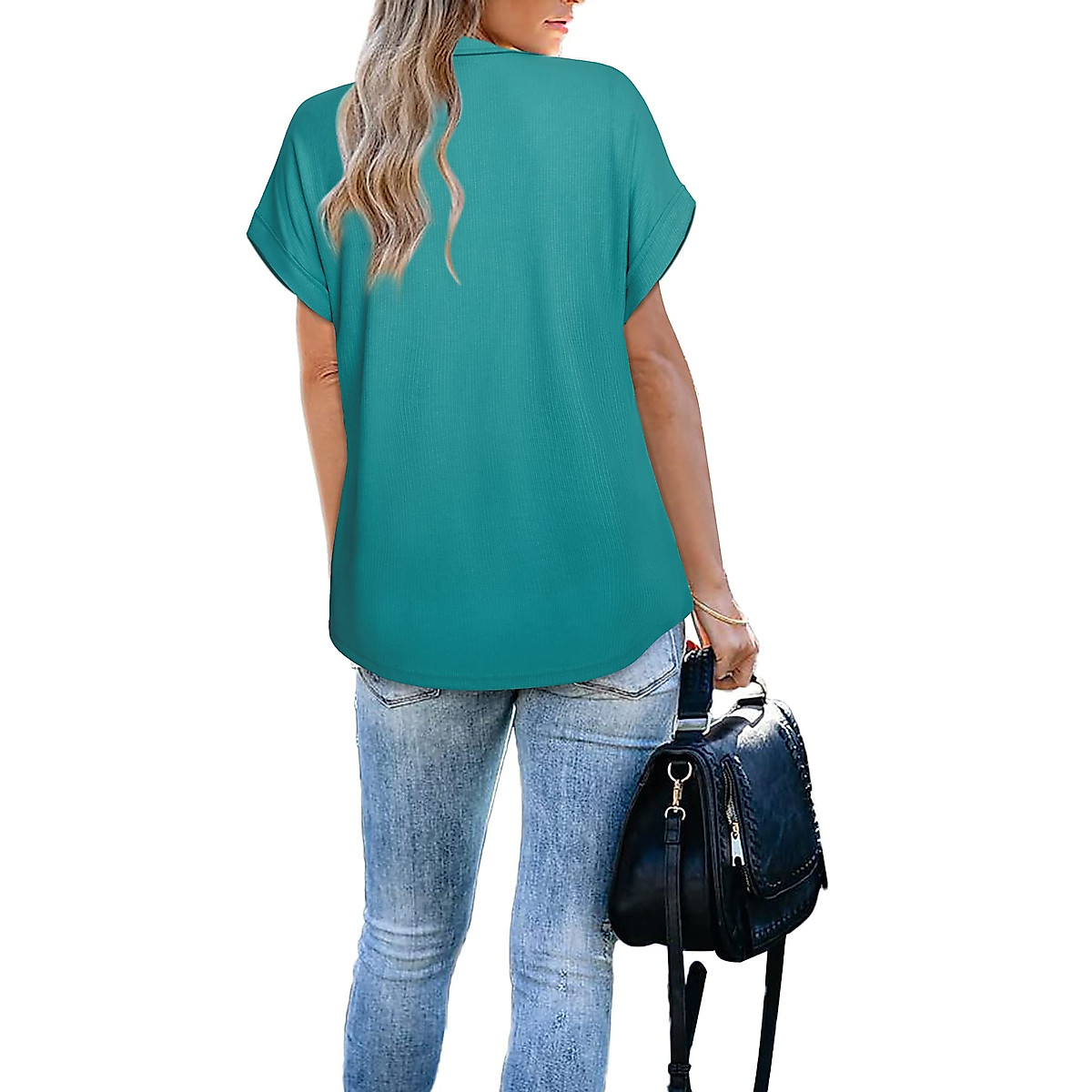 Vivilli Dressy Tops for Women Summer Blouses for Women 2024 Collared Shirt for Women Short Sleeve Shirts Womens Fashion Blouses Tops V Neck Drop Shoulder Polo Tee Shirts for Work Office Dark Green L