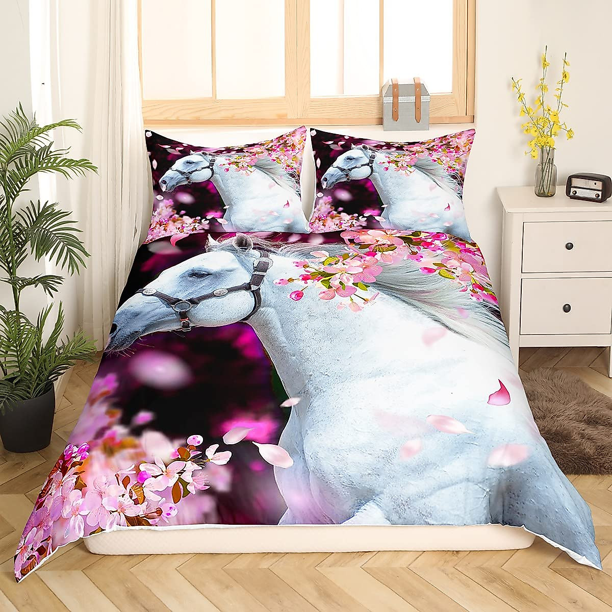 Erosebridal White Horse Duvet Cover Full,Romantic Pink Cherry Blossoms Comforter Cover 3Pcs for Kids Girls Boys Teens Bedroom with Zipper,Ultra Soft Farm Animal Bedding Set with 2 Pillow Cases