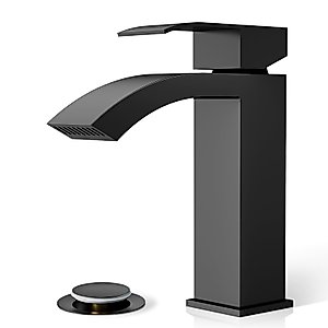 Phiestina Matte Black Waterfall Single Handle One Hole Bathroom Sink Faucet, Square Single Hole Basin Faucet with Metal Pop-up Drain with Overflow and Water Supply Line, BF01049-N1-MB