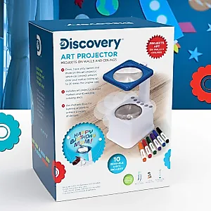 Discovery Kids Art Projector with Six Dry Erase Markers and 10 Reusable Drawing Discs, Draw on Reusable Transparent Sheets, Magnify and Project Art onto Ceilings, Walls, and More