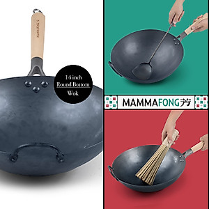 Mammafong Traditional Hand Hammered Pre-seasoned Round Bottom Carbon Steel Wok Set with Wok Spatula and Bamboo Brush (14 inch preseasoned wok set)…