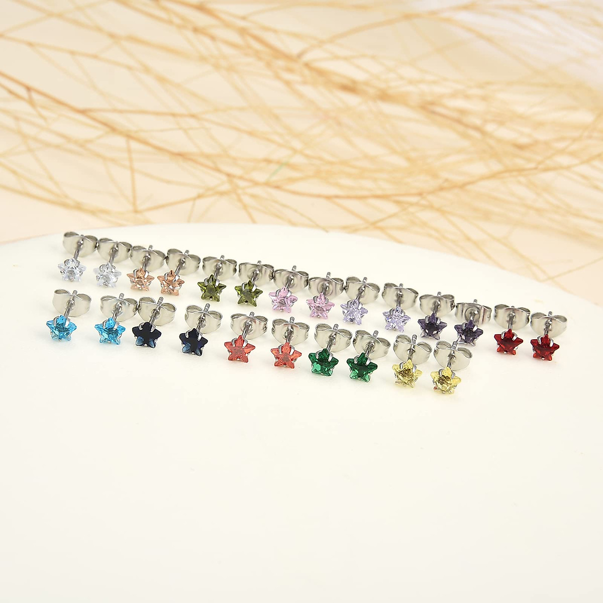 12 Pairs 18K Gold Plated Surgical Stainless Steel Stud Earrings, Star Heart Stud Earring for Women, Cubic Zirconia Birthstone Stud Earrings Set (Silver star 3mm)