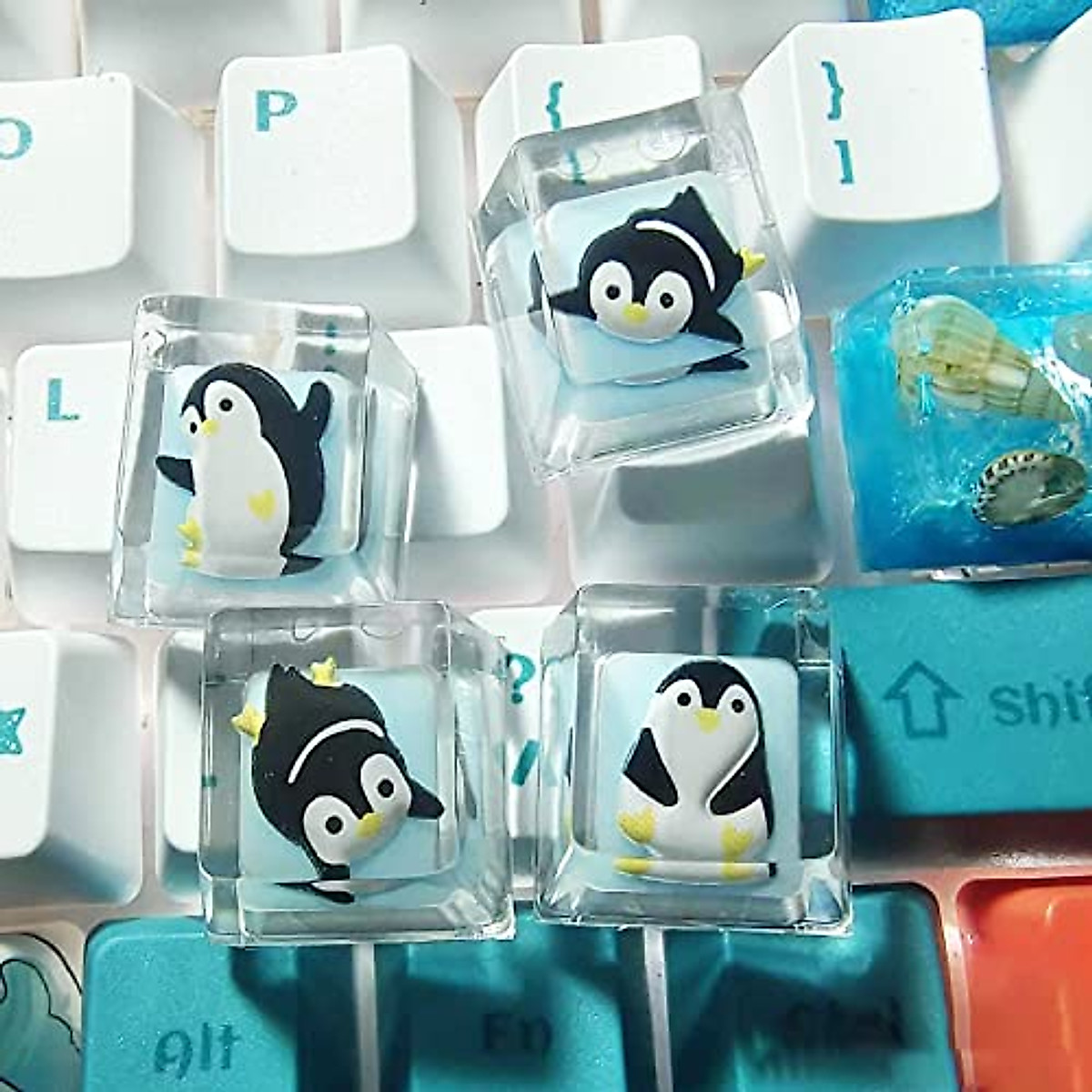 Cute Penguin Anime Keycaps,Blue Ocean Custom Keycaps,4 Pcs Keyboard Keycaps Set,Clear Resin Artisan Keycap with Designs for Gaming Mechanical Keyboards Cherry MX Gateron Switches.(OEM) (4 Penguins)