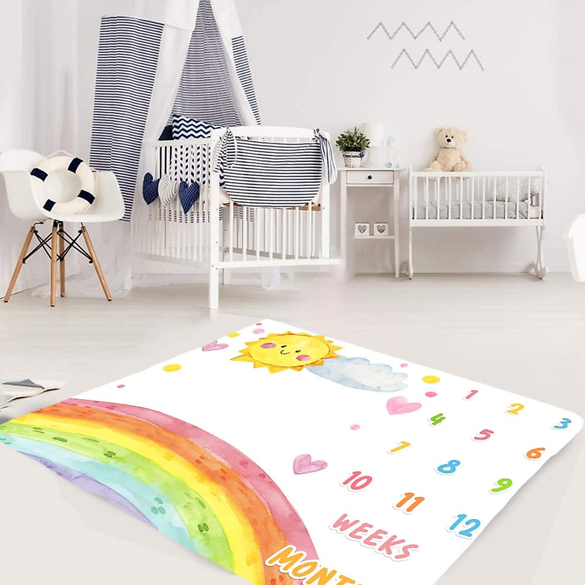 Cartoon Rainbow Baby Monthly Milestone Blanket, 48x40in Sun Cloud Heart Shape Colored Dots Blanket Hand Painted for Newborn Baby Shower,Baby Growth Chart Photography Blanket BTLSME96