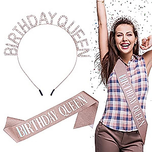 WLLHYF Birthday Queen Sash Crystal Headband Set Rhinestone Tiara Bling Glitter Crowns Hair Band Princess Tiara Sweet Happy Birthday Decorations Accessories for Women Girls