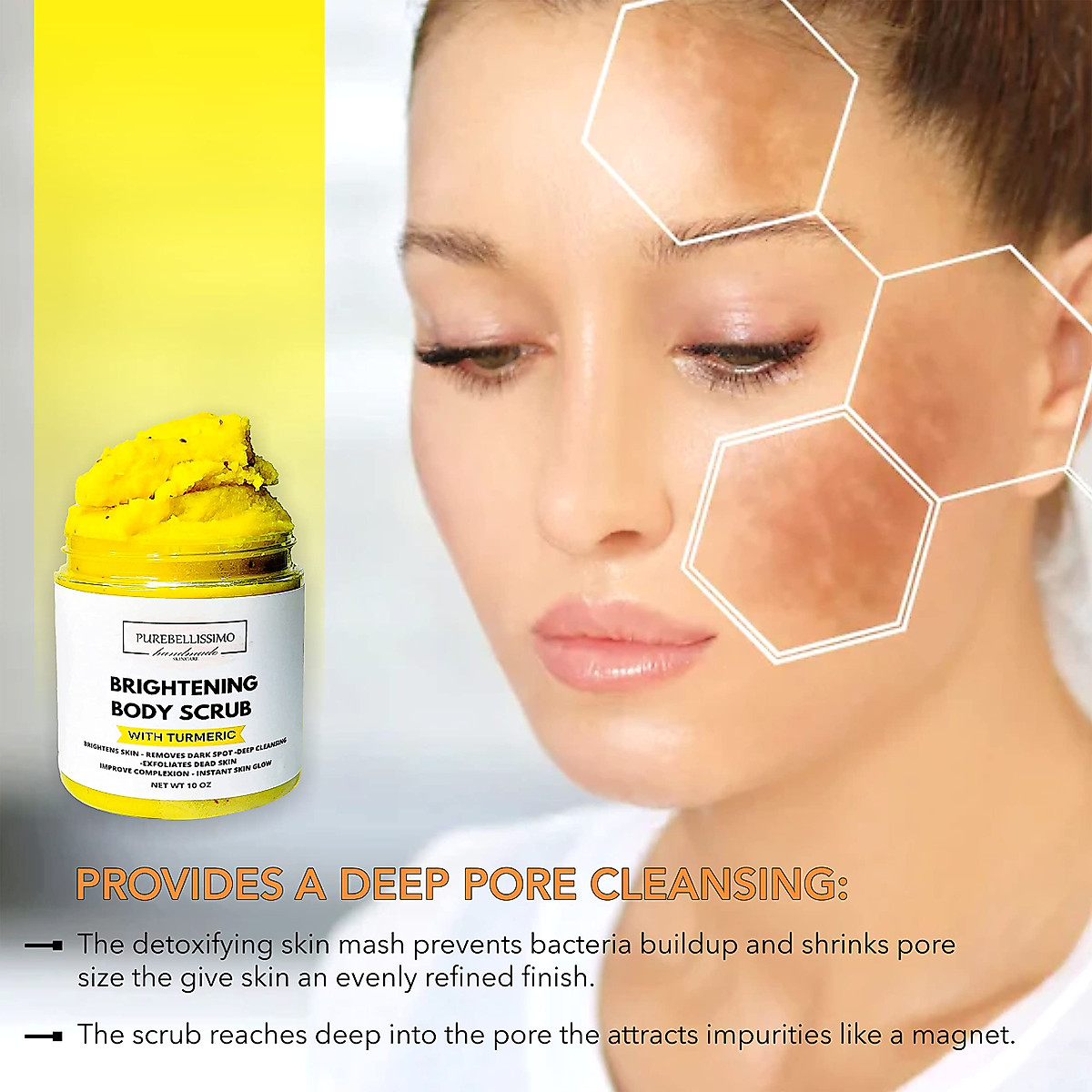 Turmeric Skin Brightening Scrub for Dark Spots, Dark Inner Thighs Bikini Area Underarms, Natural Exfoliating Turmeric Face Scrub ALL NATURAL 10OZ