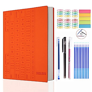 JIJLIFE Smart Reusable,and Durable keyboard pattern A5 Size (8.27"×5.9") Premium Orange Leather Notebook With An Erasable blue/black refill Pen And a Free Notebook of Ordinary And a Set of Brightly Colored Memo And Paper Clips