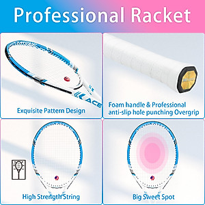 Pro Tennis Racket for Adults, 2 Player 27 inch Speed Tennis Racquet Acceptable for Beginner and Professional with 3 Tennis Balls, 2 Vibration Dampes, 2 Overgrips, Tennis Bag (Pink-Blue)