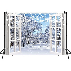 BINQOO 7x5ft Winter Landscape Window Photography Backdrop Christmas Snow Trees Scenery Background Baby Shower Kids Birthday Party Portrait Photo Studio Props