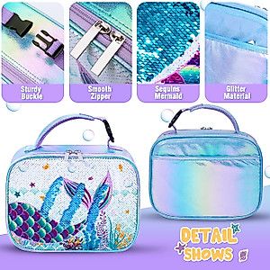 Sequins Mermaid Lunch Box- Insulated Bento Lunch Box for Kids Girls Lunch Bag School Preschool Picnic Camping Blue Polyester Lunch Tote Bag with Handle and Pocket Waterproof Reusable