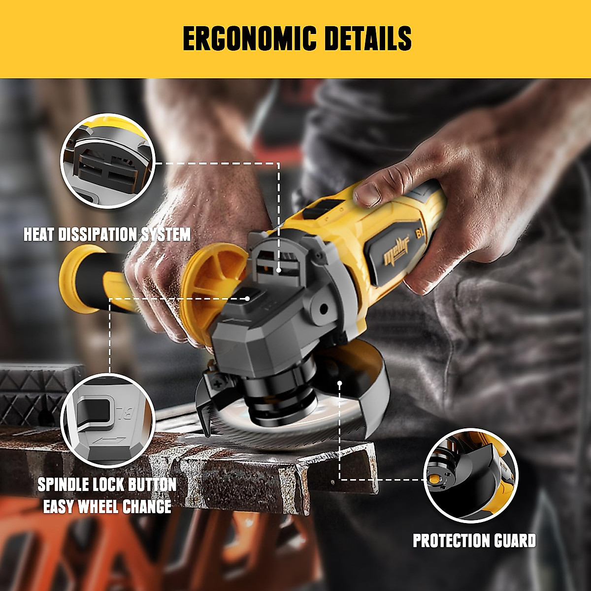 Cordless Angle Grinder, Compatible with DeWalt 20V Max Battery, 4-1/2-Inch, 8,500RPM Brushless Motor, with Cutting Wheel Disc & Pin Wrench for Metal Wood Polishing, Thin Steel, (Battery NOT Included)